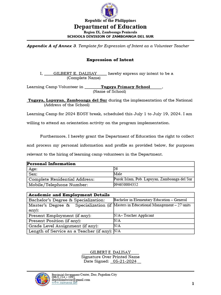 Volunteer Teacher Intent Template | PDF