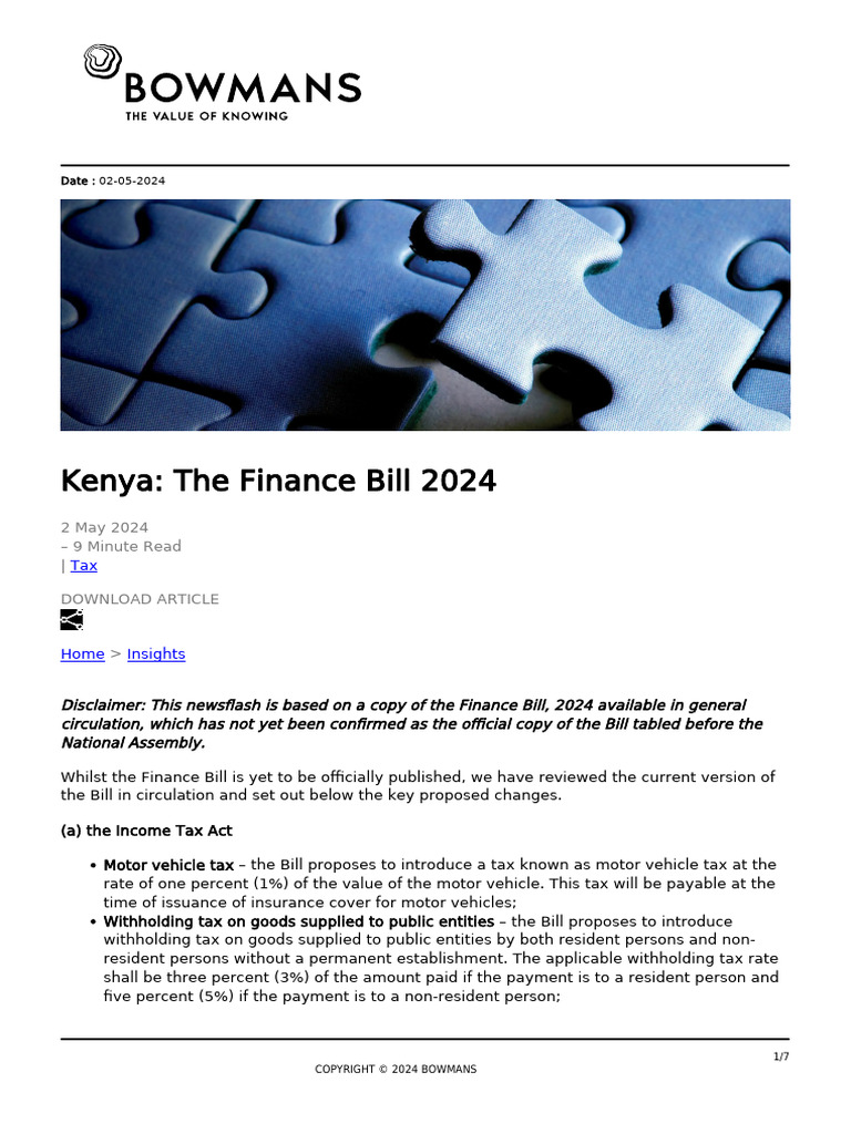 Kenya The Finance Bill 2024 | PDF | Taxes | Value Added Tax