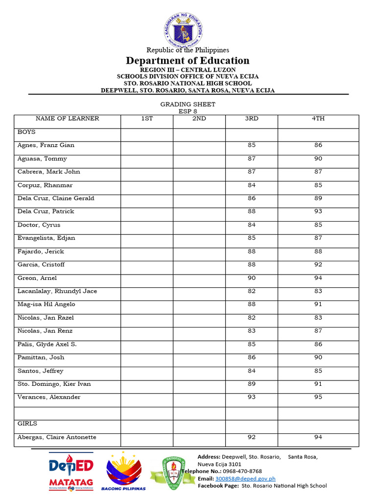 ESP 8 Grading Sheet Report Card | PDF