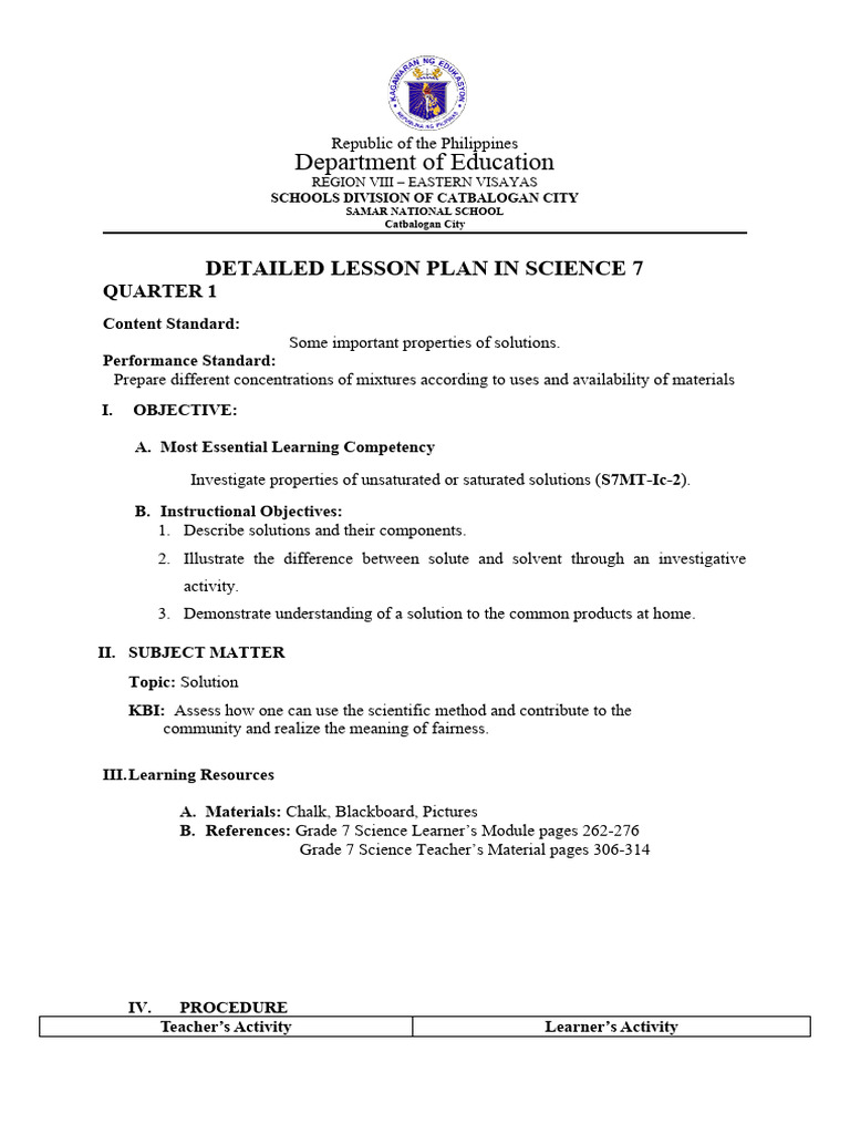 DETAILED LESSON PLAN IN Solution Grade 7 | Download Free PDF ...