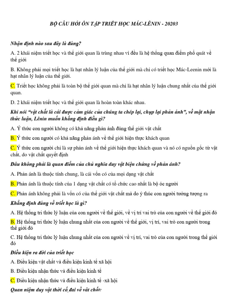 Cau Hoi Trac Nghiem On Tap Triet Hoc Mac Lenin 1053 | PDF