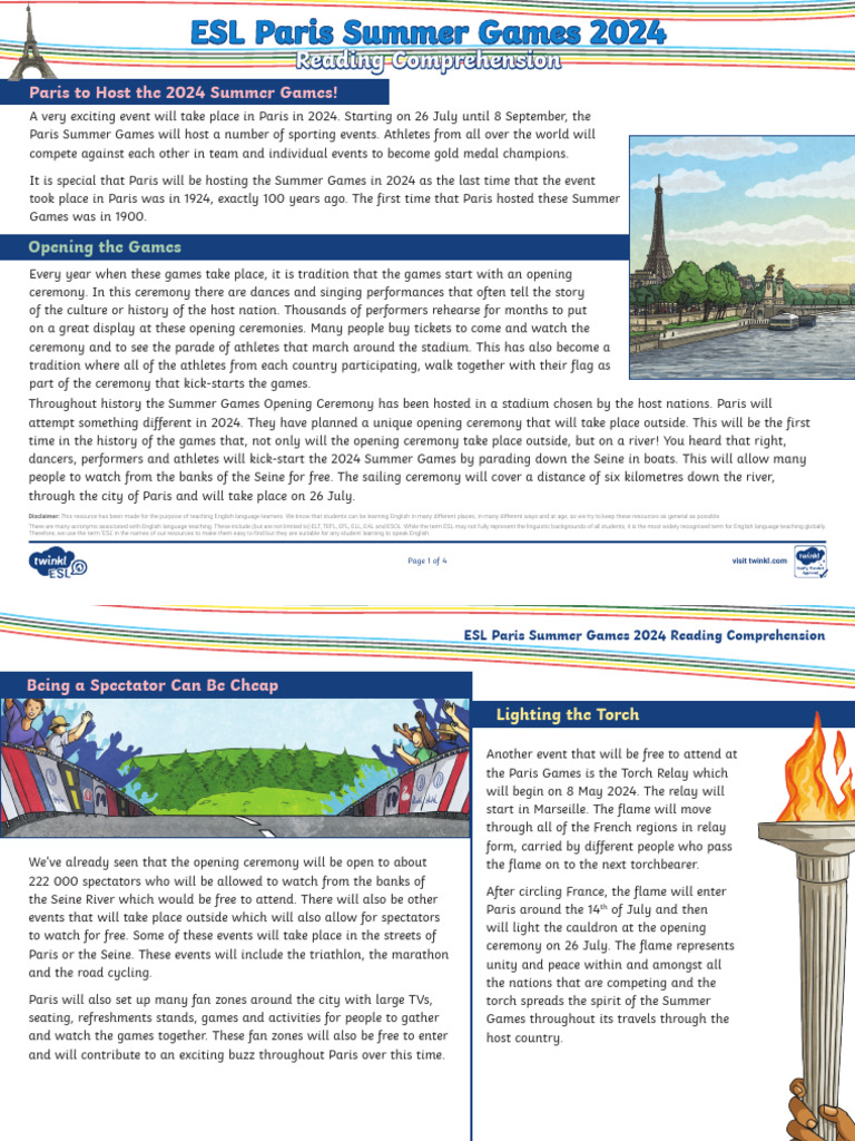 ESL Paris Summer Games 2024 Reading Comprehension Teens b1 b2 - Ver - 2 ...