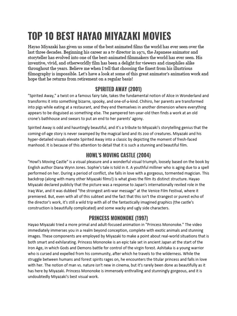 Top 10 Best Hayao Miyazaki Movies Pdf