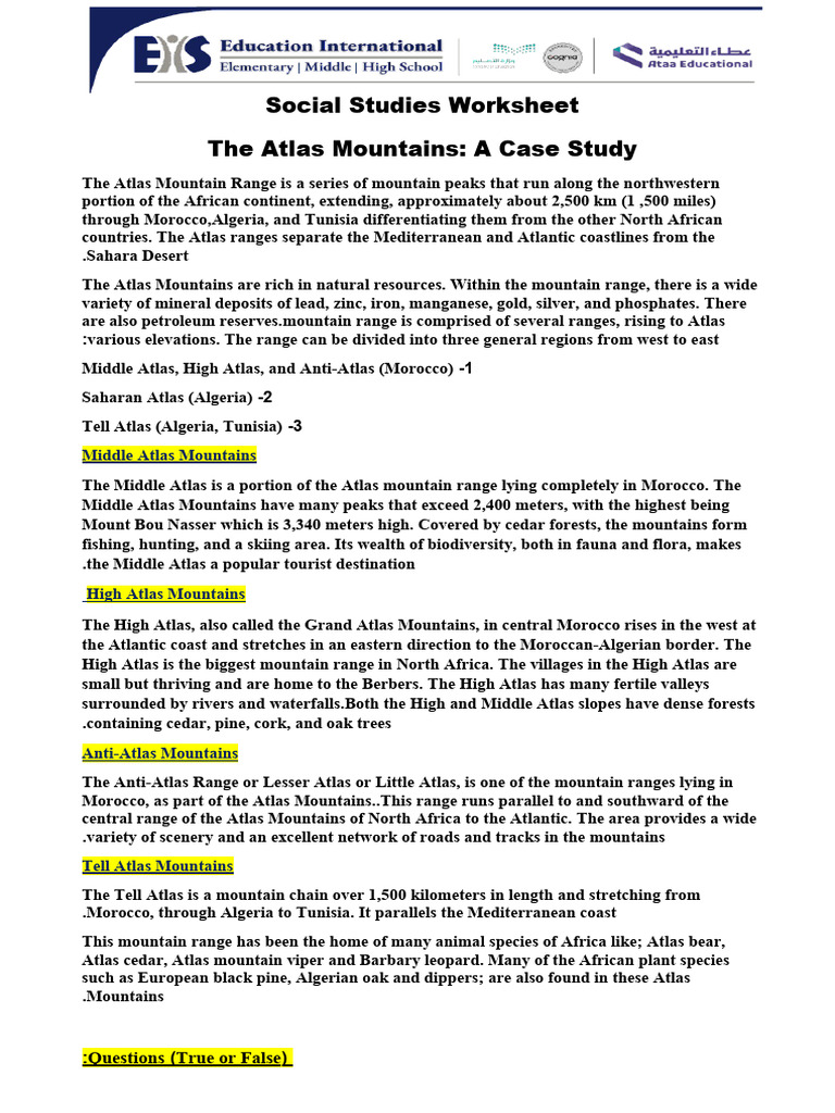 Atlas Mountains Study Worksheet | PDF | Earth Sciences