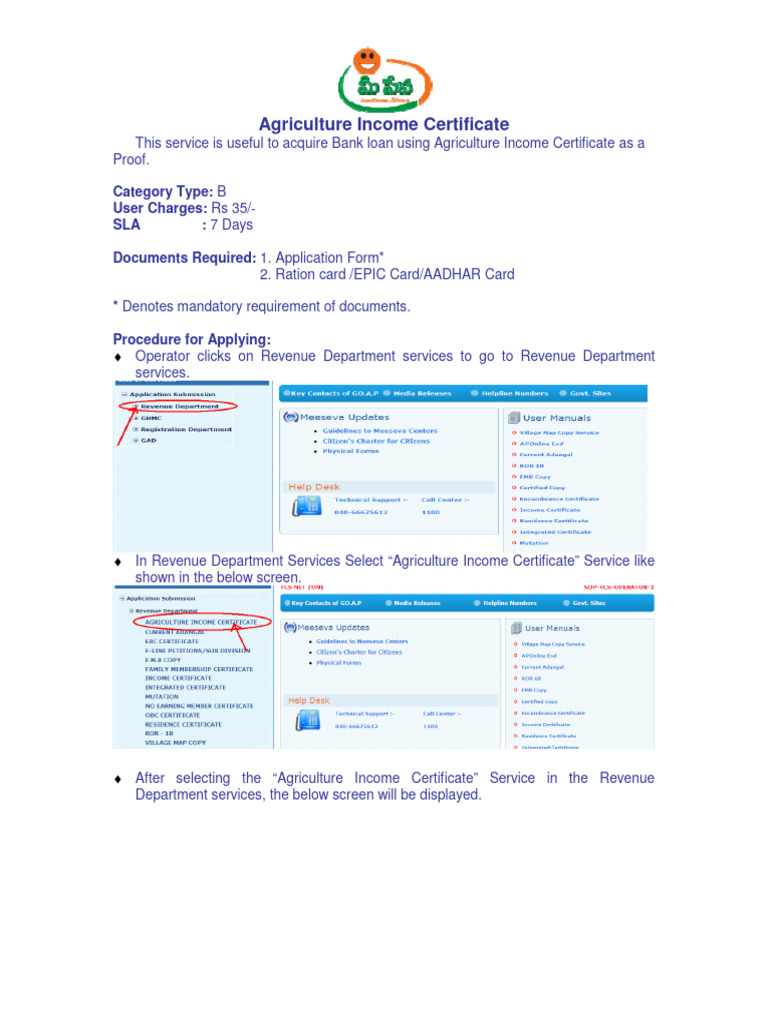 MEESEVA User Manual For KIOSKS Ver 1.5 MeeSeva End - Agriculture Income ...