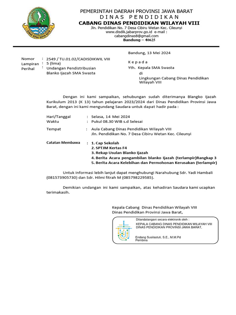 Surat Undangan Pendistribusian Blanko Ijazah Sma Swasta | PDF Surat Undangan Pendistribusian Blanko Ijazah Sma Swasta | PDF