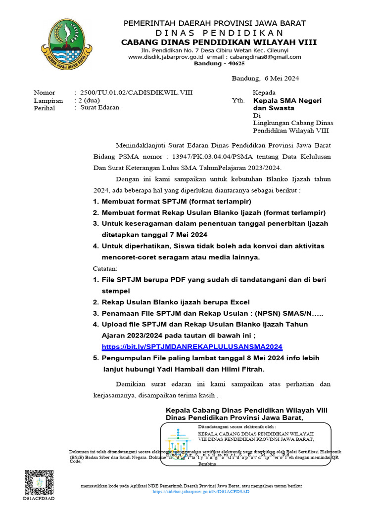 Surat Edaran Kebutuhan Blanko Ijazah SMA 2024 07052024 041301 Signed | PDF