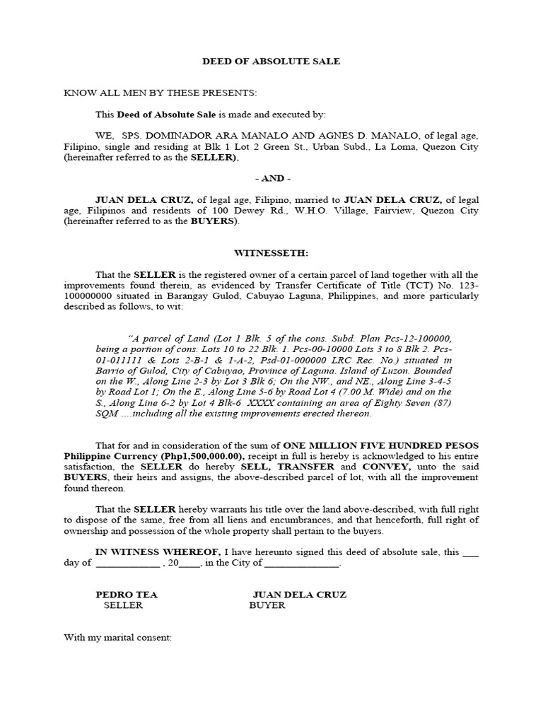 Deed of Absolute Sale of Real Property | PDF | Real Property Law | Private Law