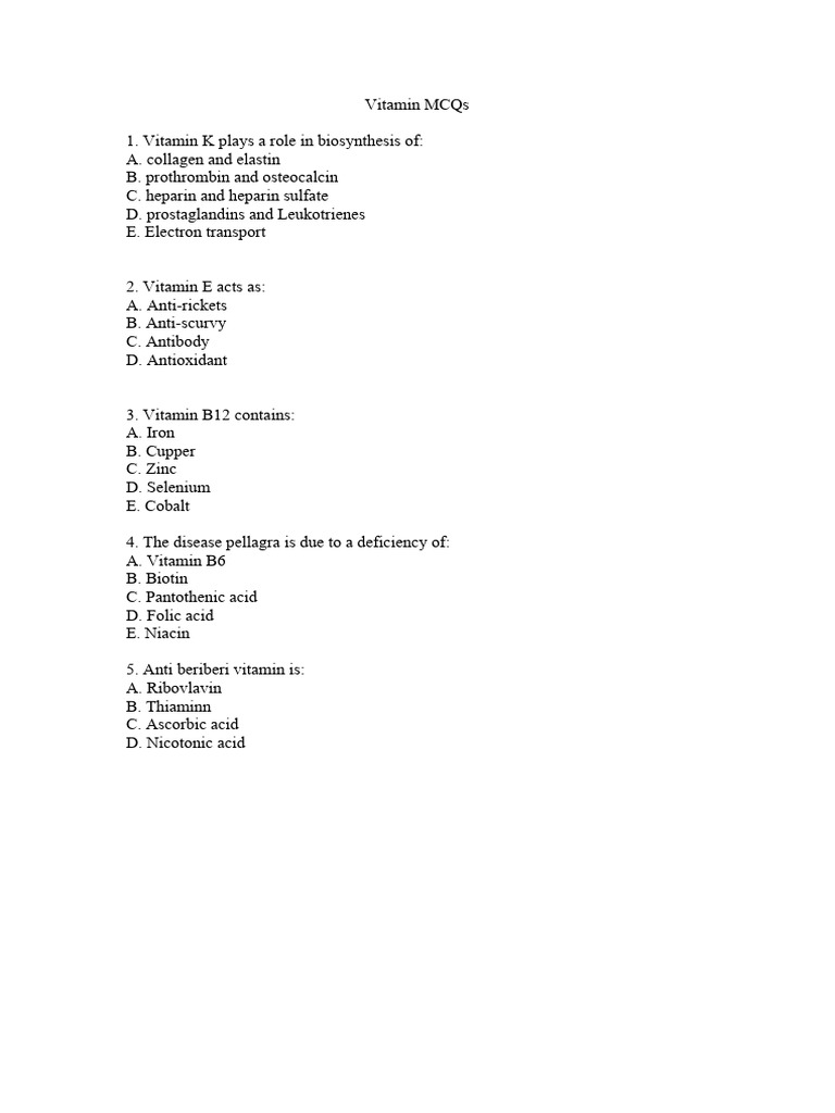 Vitamin MCQs | PDF | Wellness | Science & Mathematics