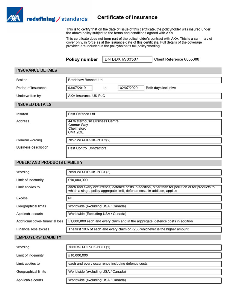 Certificate of Insurance: Policy Number | PDF | Insurance | Indemnity