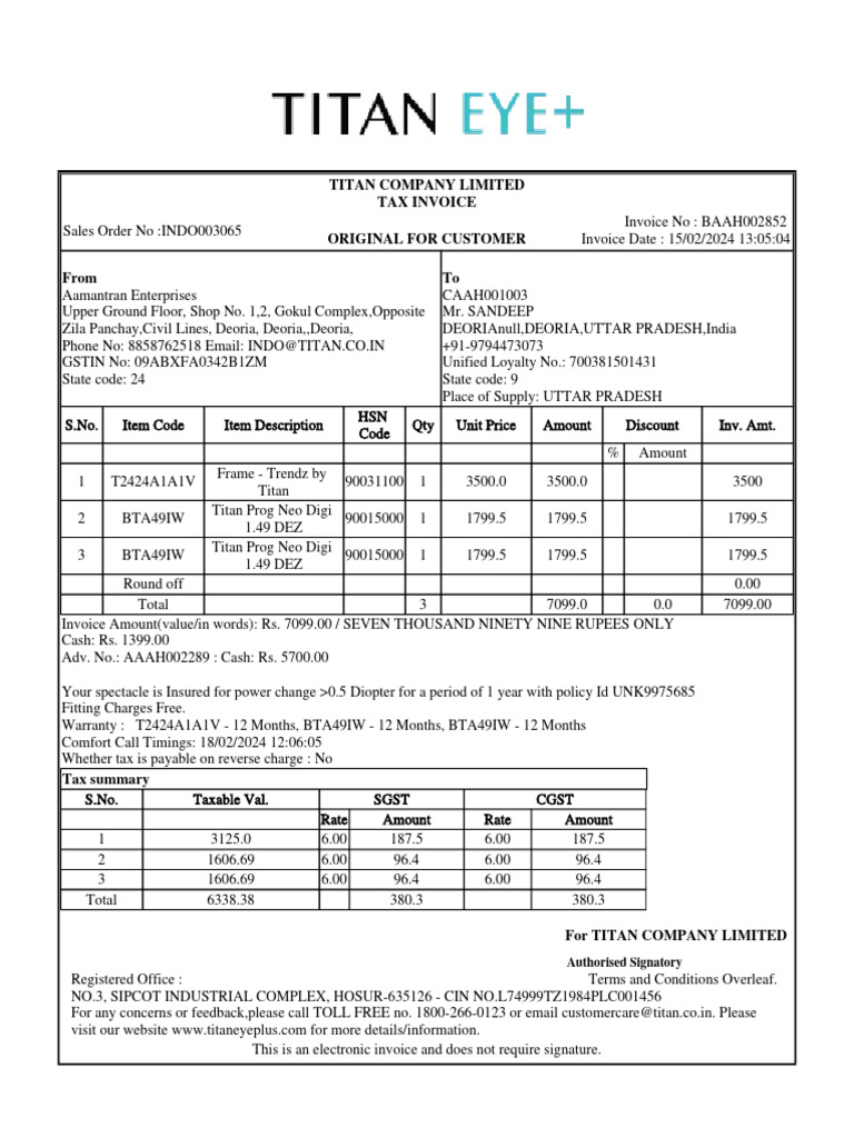 Titan Eye+ Invoice and Terms Summary | PDF | Glasses
