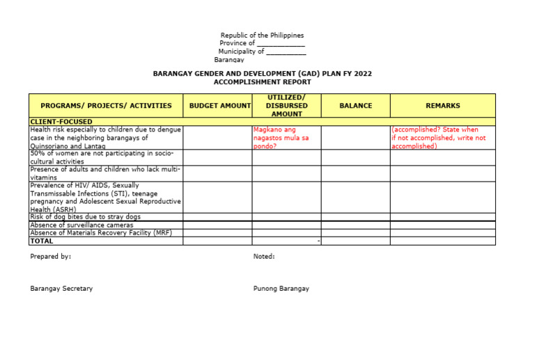 BARANGAY GAD PLAN CY 2022 - Accomplishment Report | PDF | Social Science