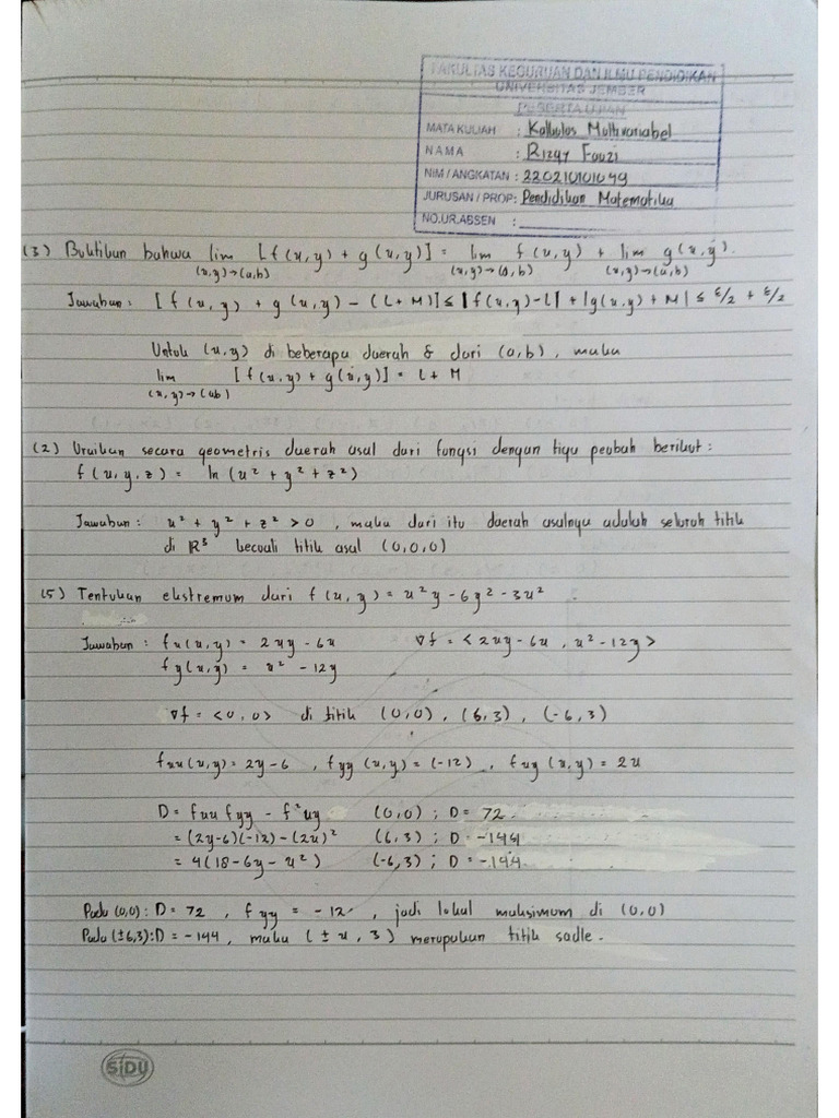 Uts Kalkulus Multivariabel Rizqy Fauzi 220210101049 Pdf