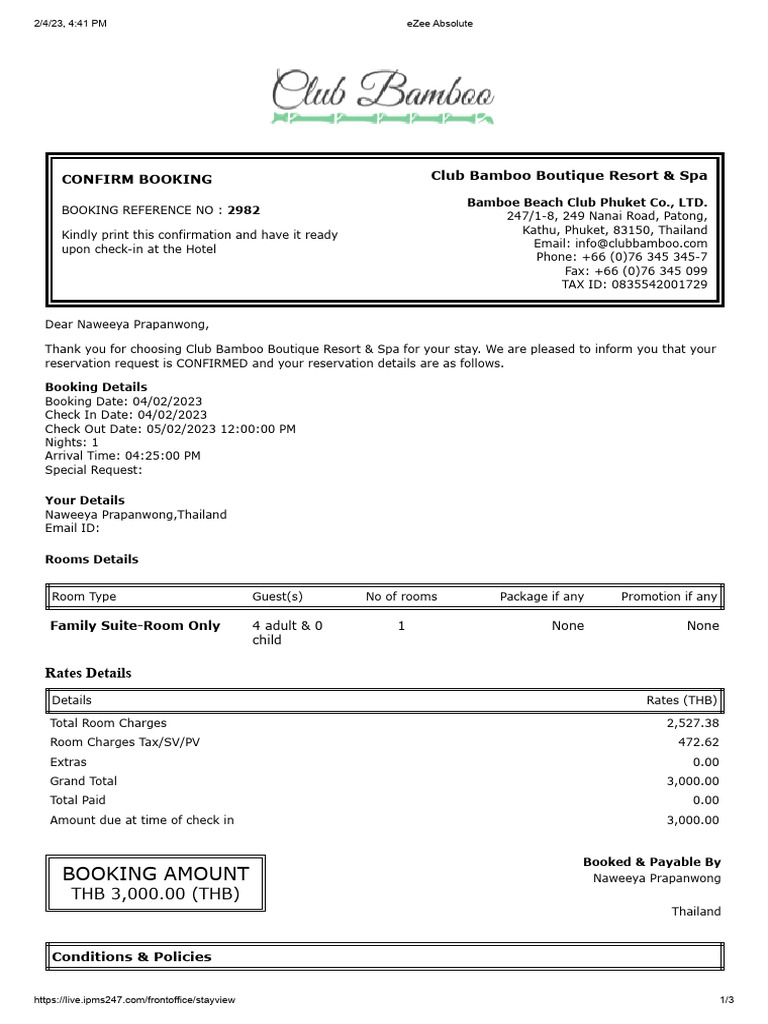 Hotel Confirmation CBB | PDF | Payments