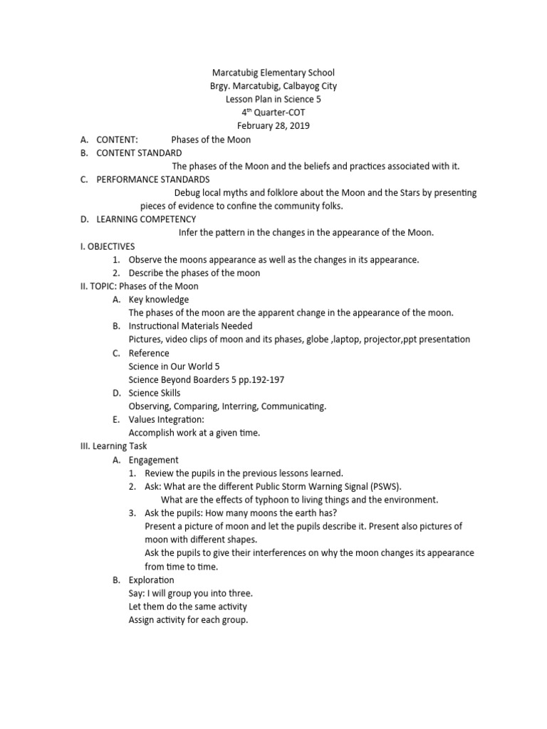 COT - DLP - SCIENCE 5 Phases of The Moon | PDF | Moon | Astronomy