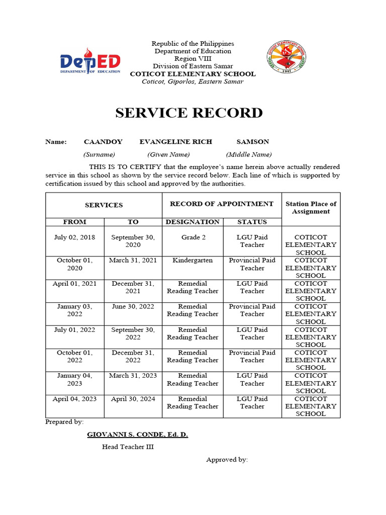 Service Record and Certification | PDF | Behavior Modification | Teaching