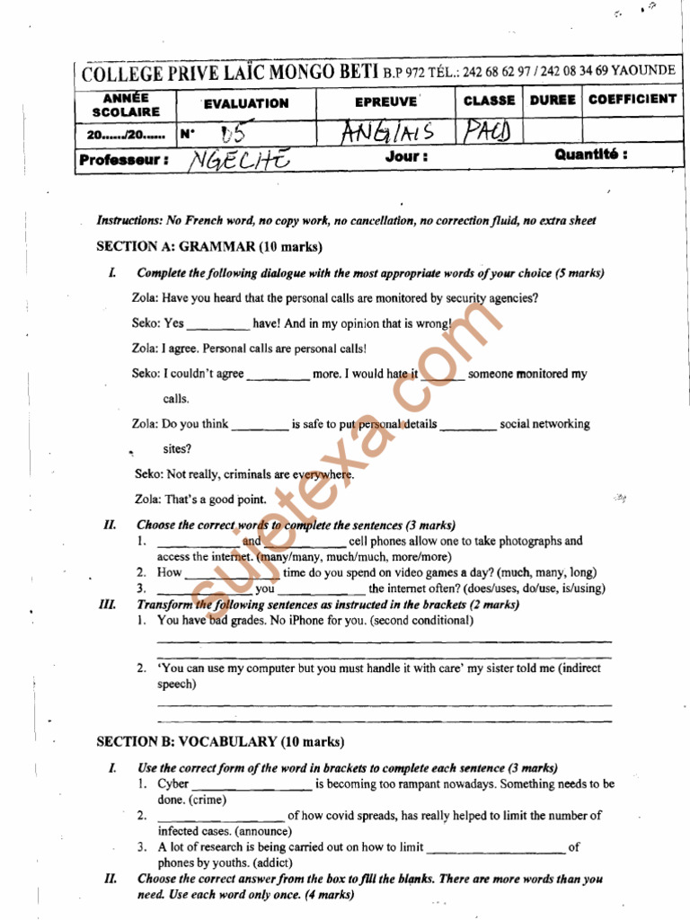 Anglais-College Prive Mongo Beti-Annee Scolaire 2021-2022-Sequence N°5 ...