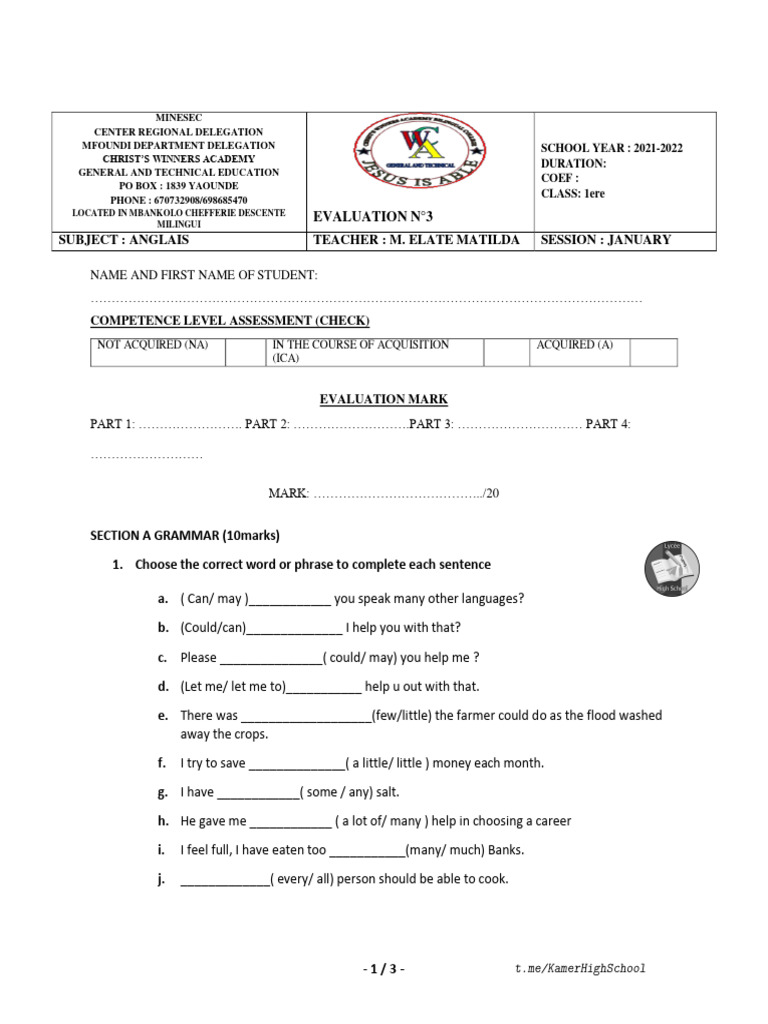 Anglais-Christ's Winners Academy-Pacd-Evaluation N°3 | PDF | Breads | Baker's Yeast