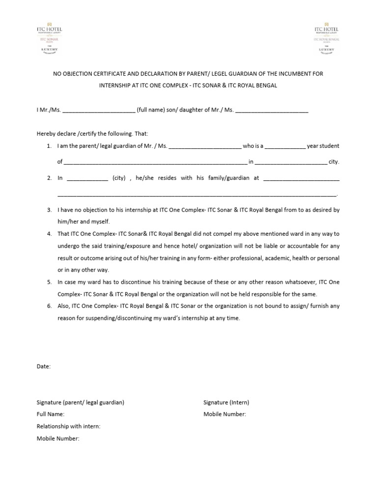 Parent No Objection Certificate for Internship | PDF