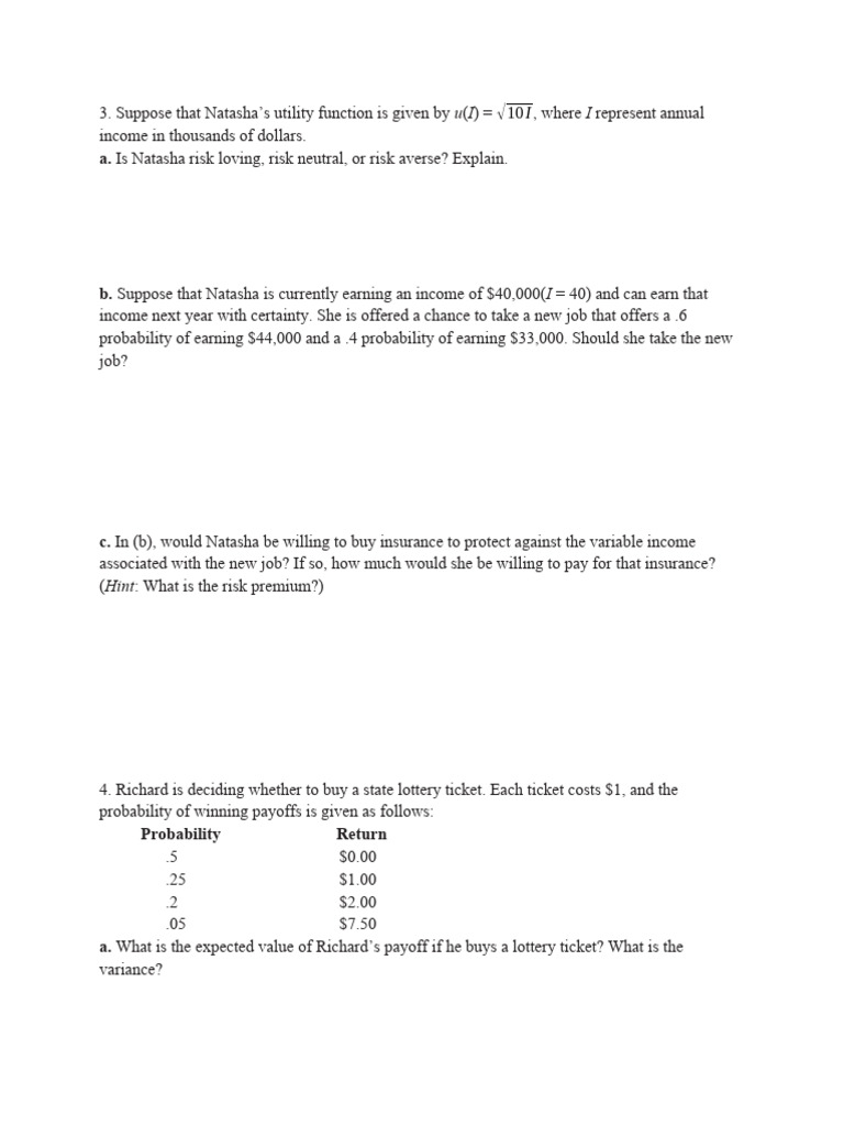 Problem Set 5 (Cont.) | PDF | Risk Aversion | Probability