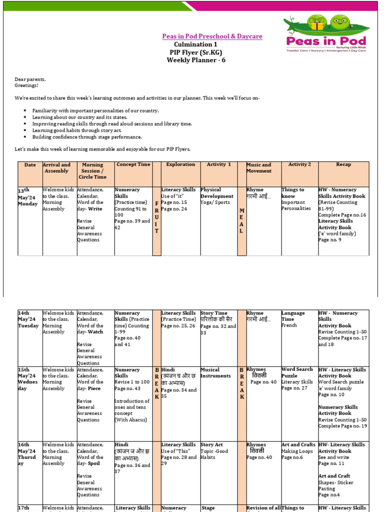 PIP Flyer (SR - KG) Planner Week 6 | PDF | Reading (Process) | Behavior ...