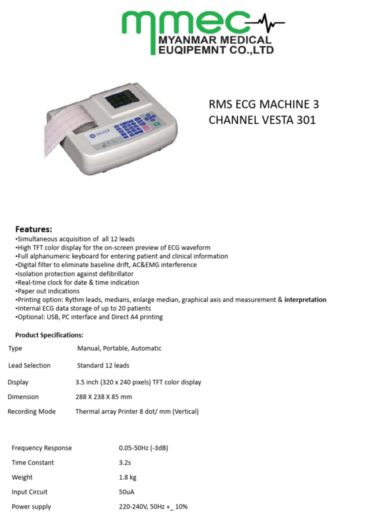 Rms Ecg Machine 3 Channel Vesta 301 | PDF