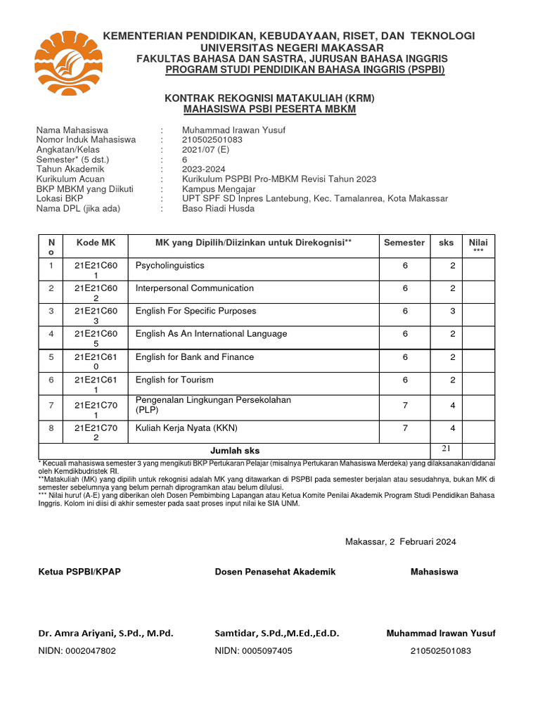 Kontrak Rekognisi MK MBKM 7 Muhammad Irawan Yusuf 2 Februari | PDF