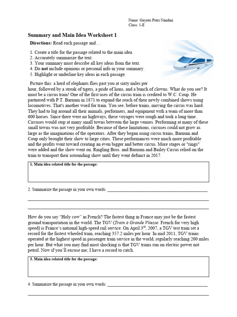 Summary and Main Idea Worksheet 1 | Download Free PDF | Train | Circus Summary and Main Idea Worksheet 1 | Download Free PDF | Train | Circus