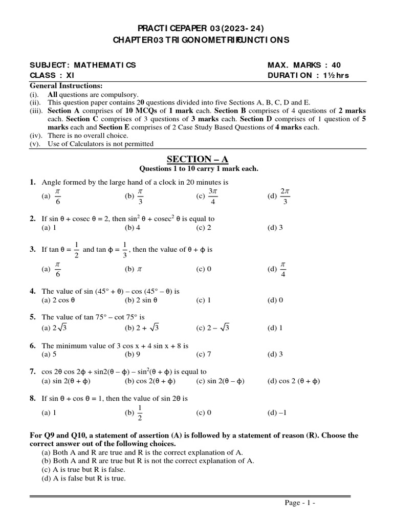 Maths Class Xi Chapter 03 Trigonometric Functions Practice Paper 03 | PDF | Angle ...