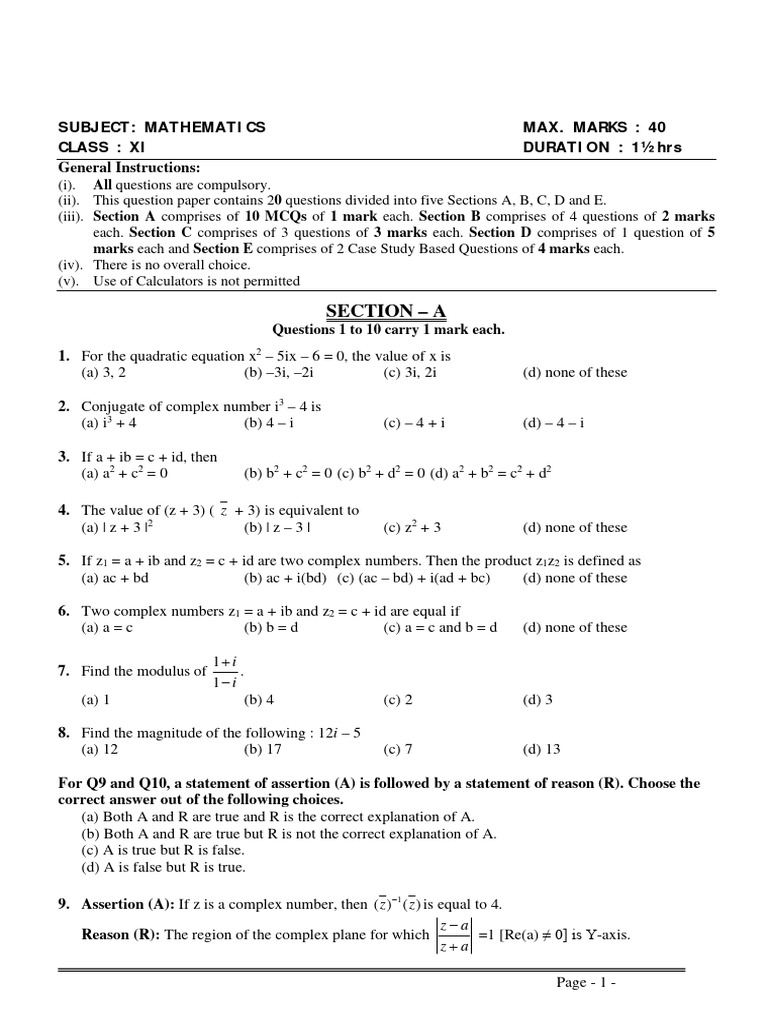 Maths Class Xi Chapter 04 Complex Numbers Practice Paper 04 | PDF ...