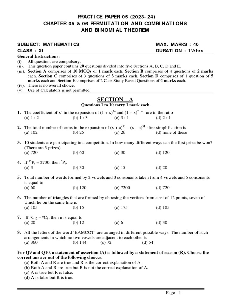 Maths Class Xi Chapter 05 06 Permutation Combinations and Binomial Theorem Practice Paper 05 ...