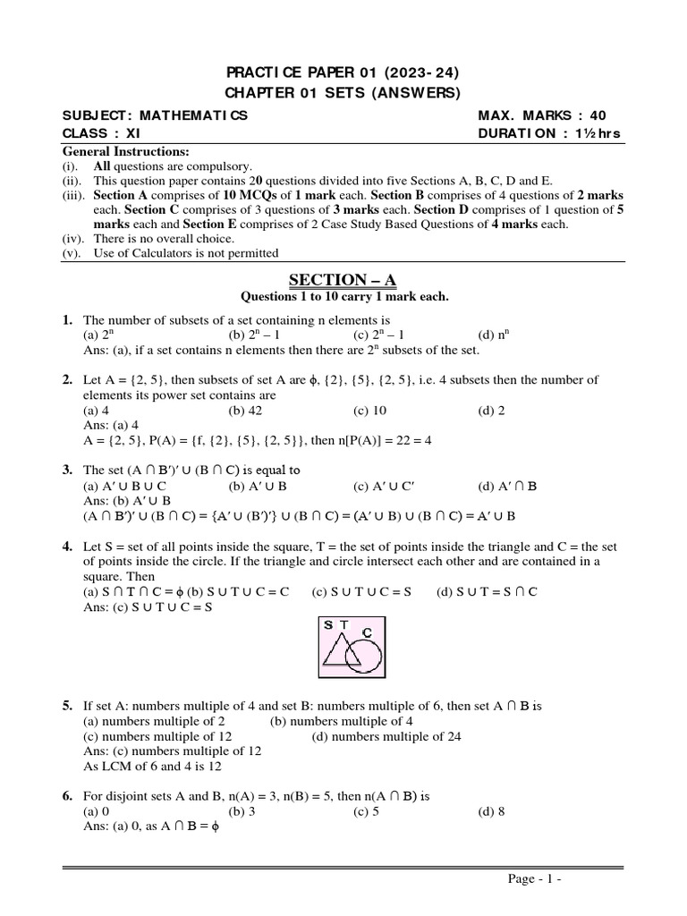 Maths Class Xi Chapter 01 Sets Practice Paper 01 Answers | PDF ...