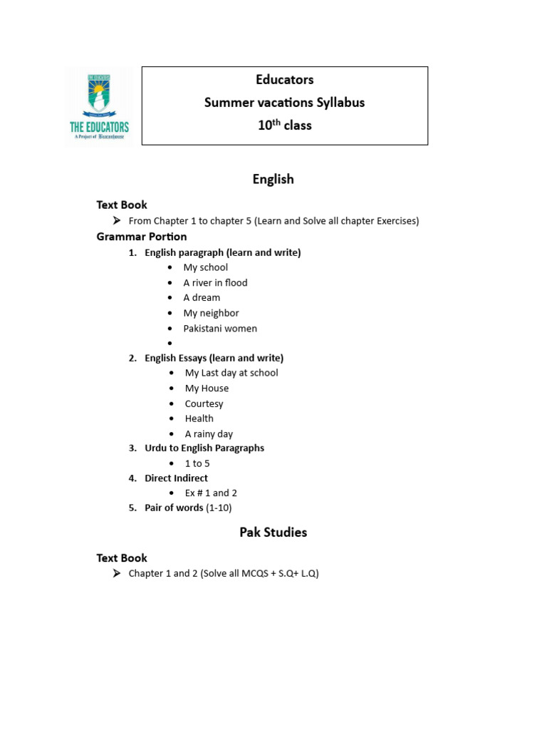 Matric Syllabus 10th Grade
