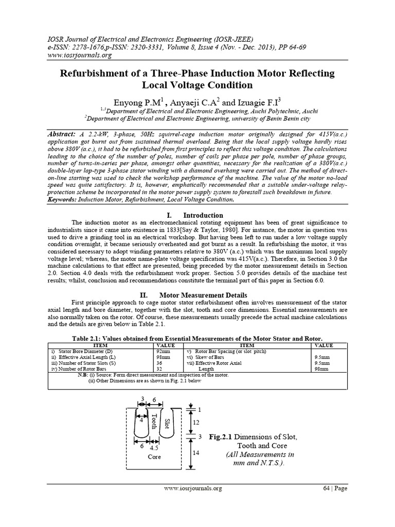Refurbishment of a Three-Phase Induction Motor Reflecting Local Voltage Condition | PDF ...