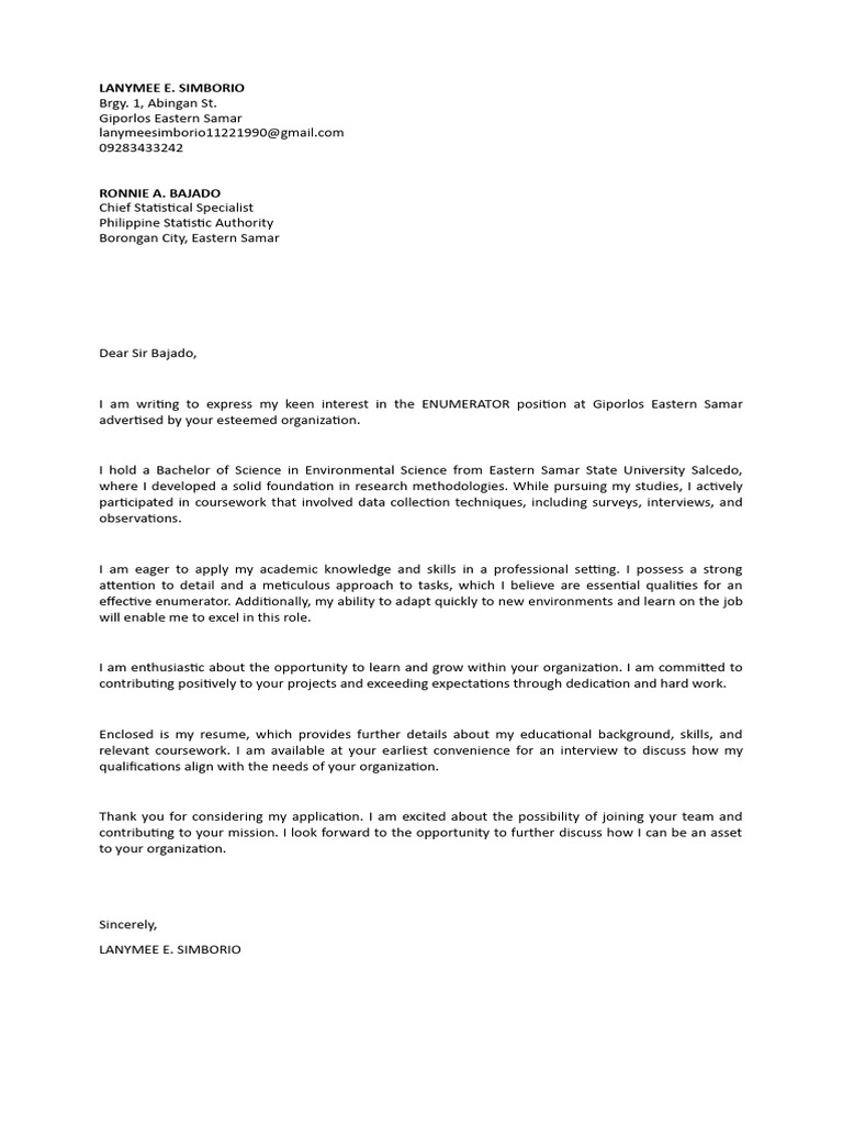 Application Letter CBMS Enumerator | PDF | Lifestyle