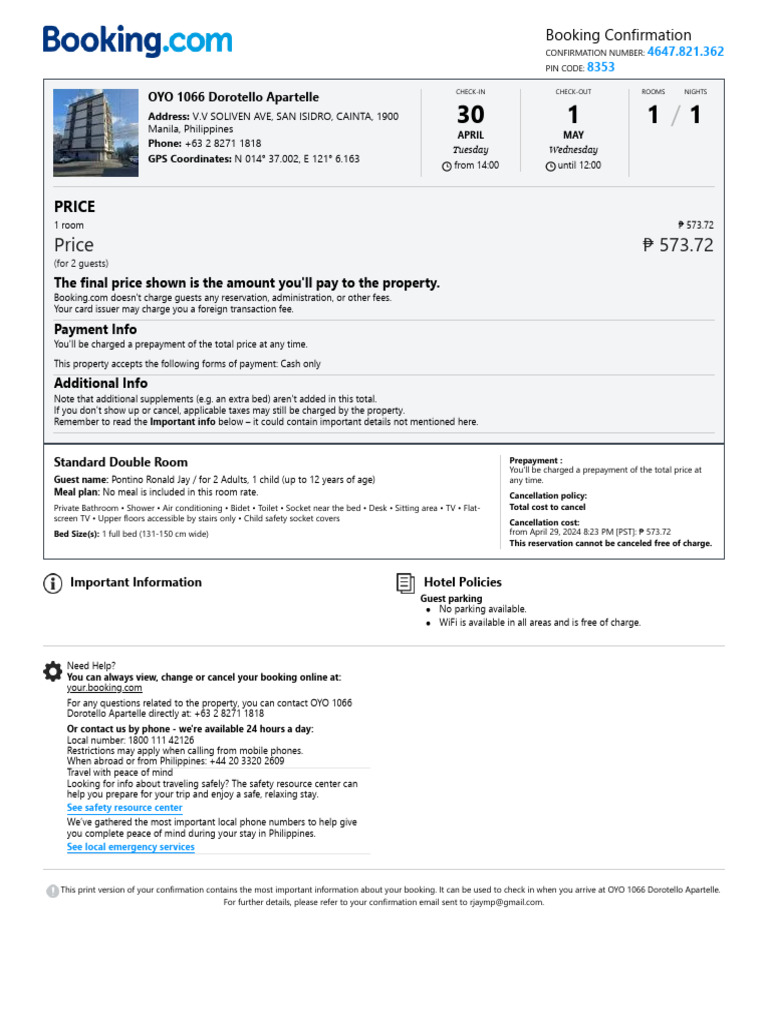 Booking.com_ Confirmation | PDF | Fee