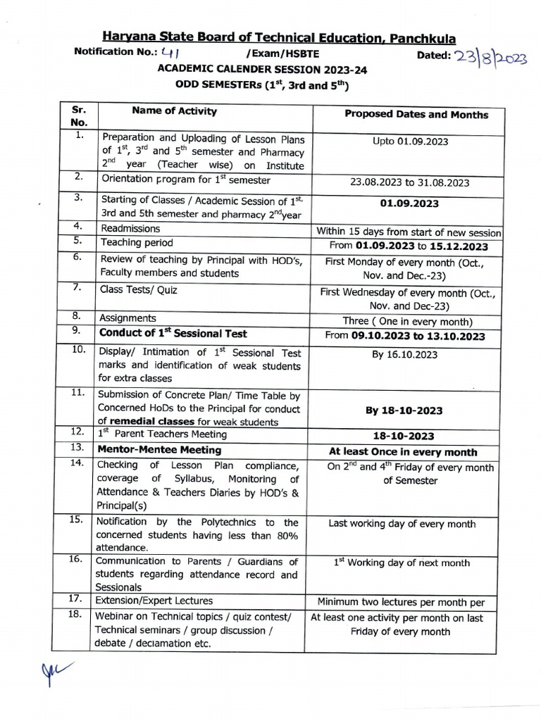 Academic Calendar Odd Semester - 1st - 3rd - 5th Session 2023-23 | PDF