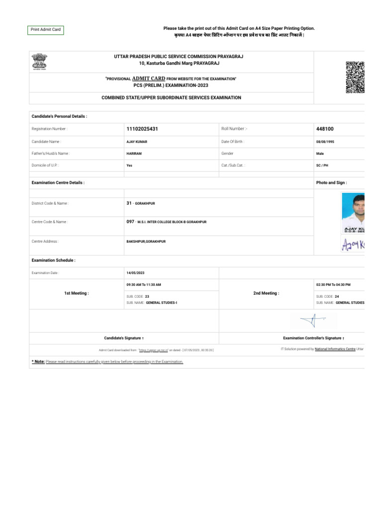 Admit Card: Candidate's Personal Details | PDF