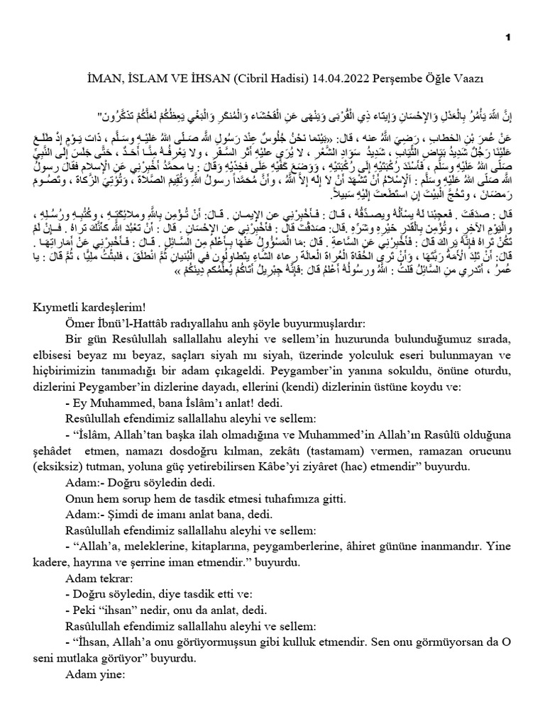 14.04.2022 İman İslam Ve İhsan (Cibril Hadisi) Öğle Vaazı | PDF