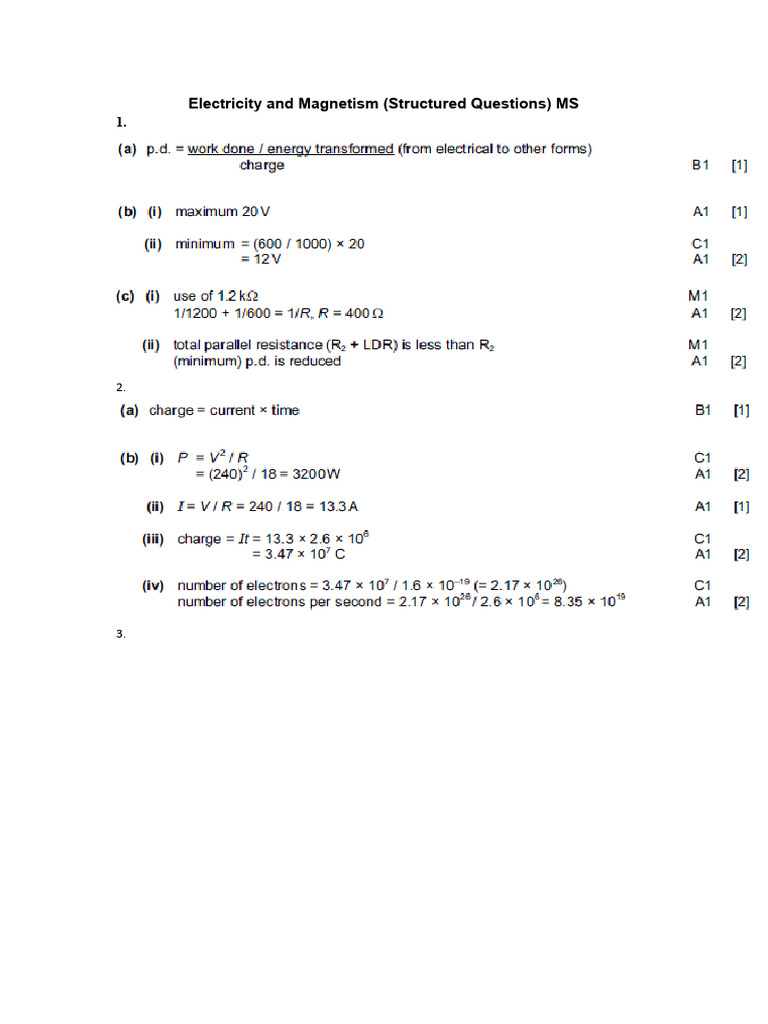 Electricity and Magnetism w2010-s2013 (Structured Questions) MS | PDF ...