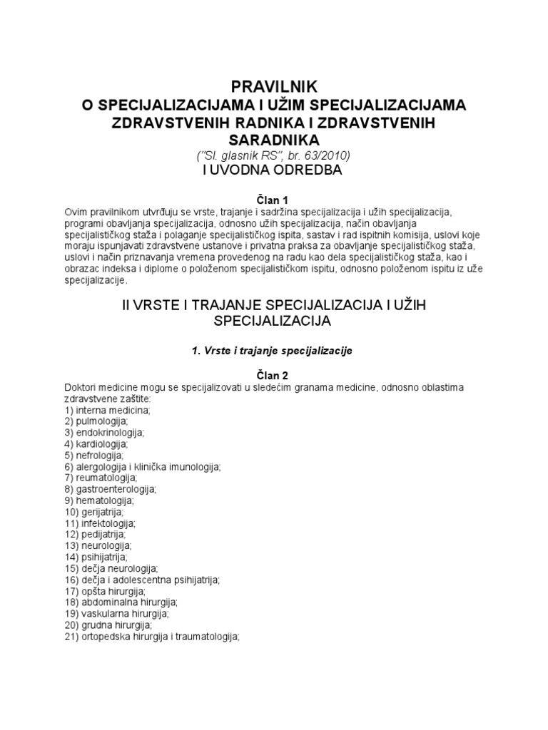 Pravilnik o Spec. I Uzim Spec. Zdrav - Radnika I Zdrav - Saradnika | PDF