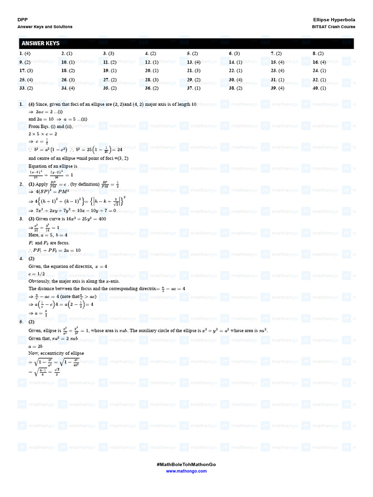 Solution DPP Ellipse Hyperbola BITSAT Crash Course MathonGo | PDF | Classical Geometry ...