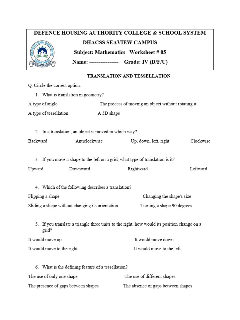 Worksheet 5 Trnaslation and Tessellations | PDF | Shape | Angle