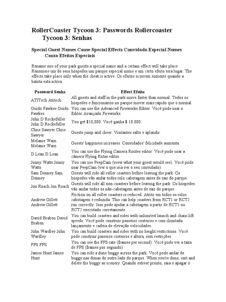 Cheats e Senhas para RollerCoaster Tycoon 3 | PDF | Montanhas-russas ...
