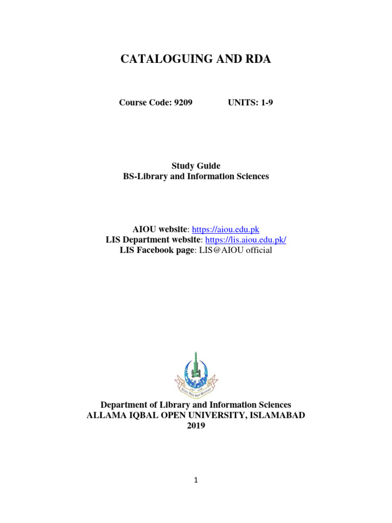 Cataloguing and Rda: Course Code: 9209 UNITS: 1-9 | Download Free PDF ...