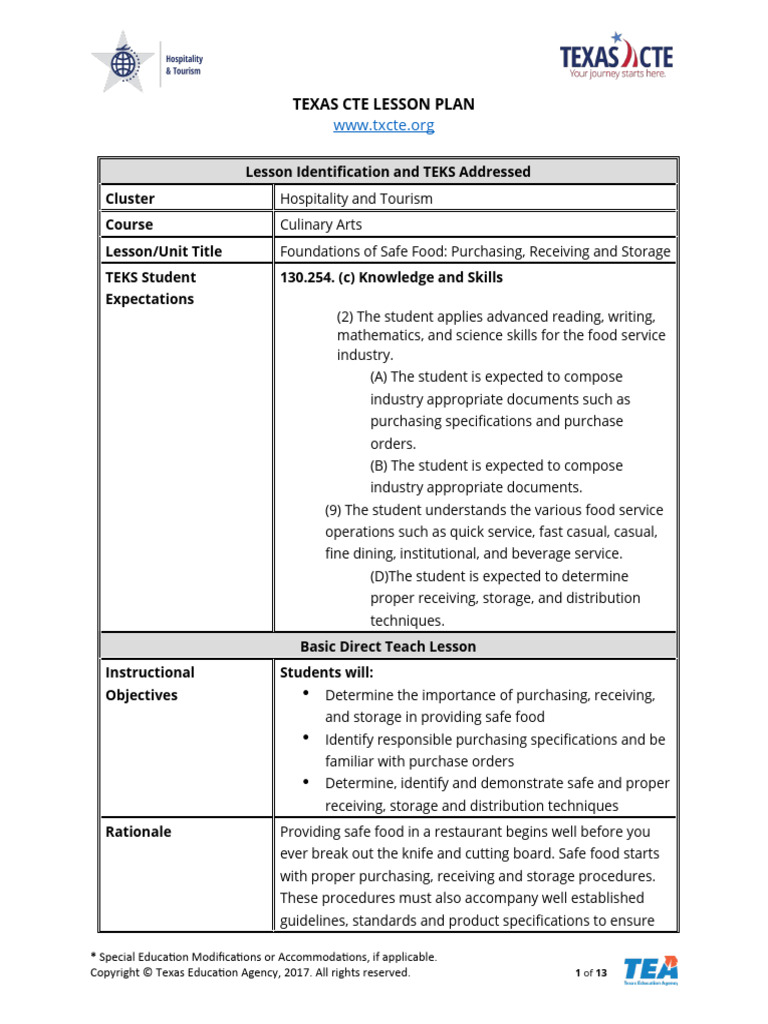 Lesson Plan Foundations of Safe Food Purchasing, Receiving and Storage ...
