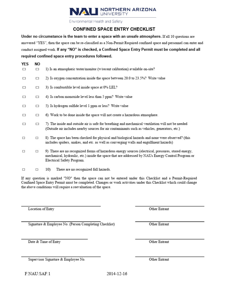 Non-Permit Confined Space Checklist | PDF