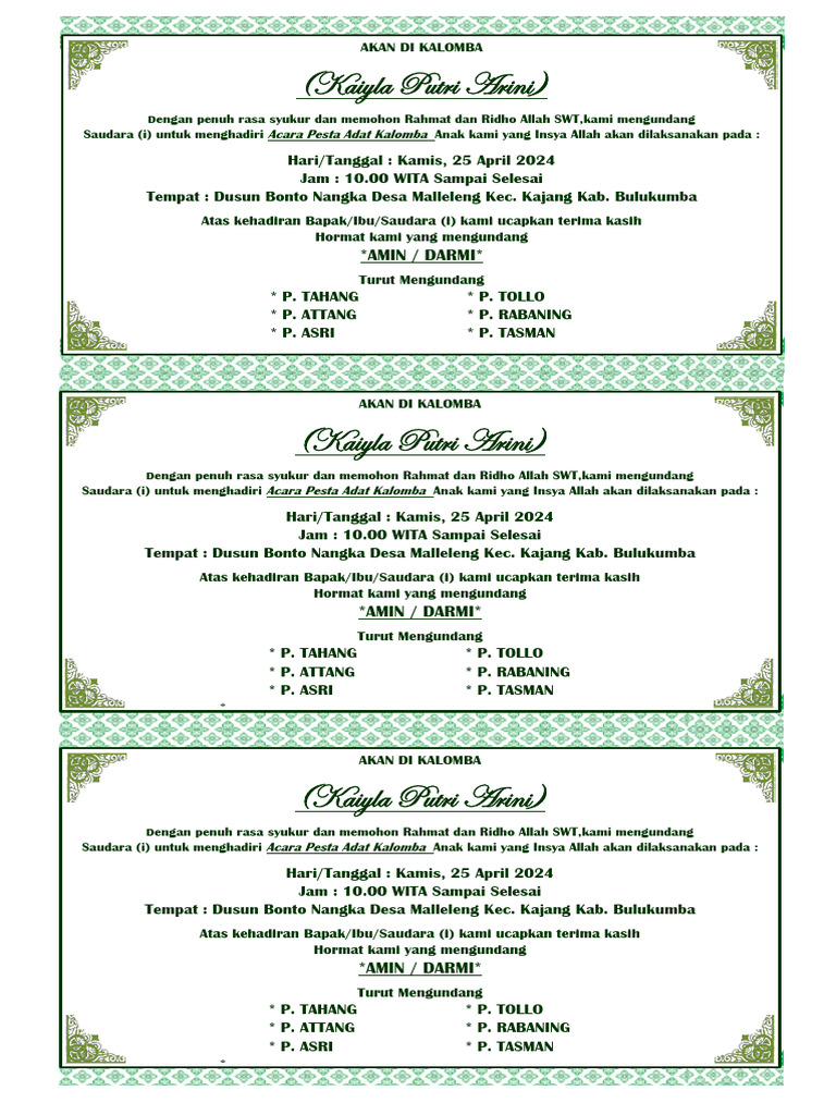 Undangan Kalomba Kayla Putri Arini Isii888888888888 | PDF