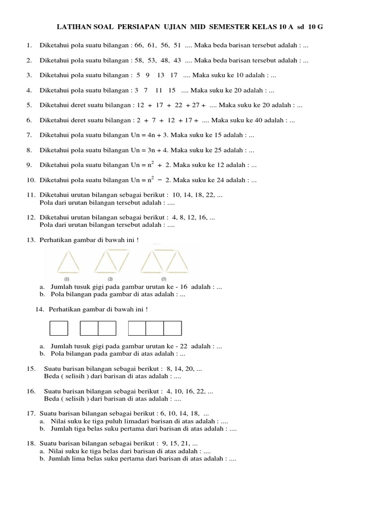 LATIHAN SOAL PERSIAPAN UJIAN MID SEMESTER KELAS 10 A SD 10 G | PDF | Metode & Bahan Ajar | Griya ...