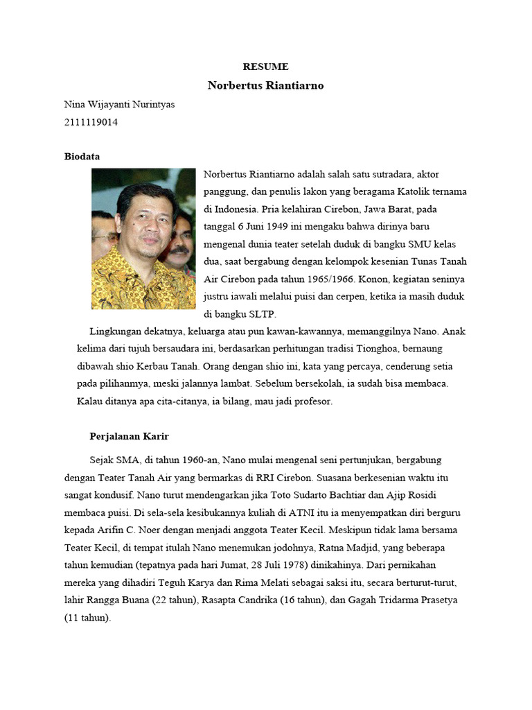 Resume Norbertus Riantiarno - Nina Wijayanti Nurintyas - 2111119014 | PDF